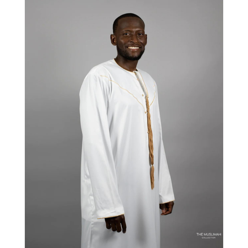 Embroidered Custom Made Emirati Thobe Style (White and Gold)